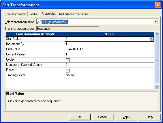 Sequence generator transformation properties